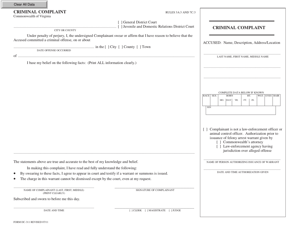 Form DC-311 - Fill Out, Sign Online and Download Fillable PDF, Virginia ...
