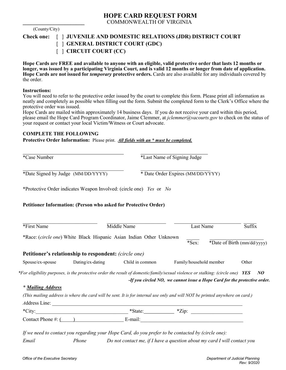 Virginia Hope Card Request Form - Fill Out, Sign Online and Download ...