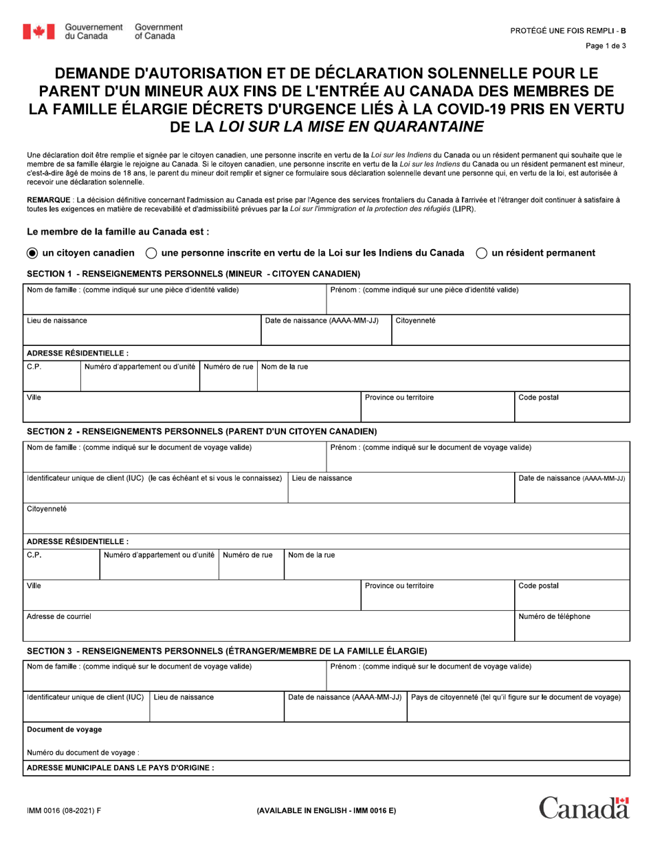 Forme IMM0016 Download Fillable PDF or Fill Online Demande D ...