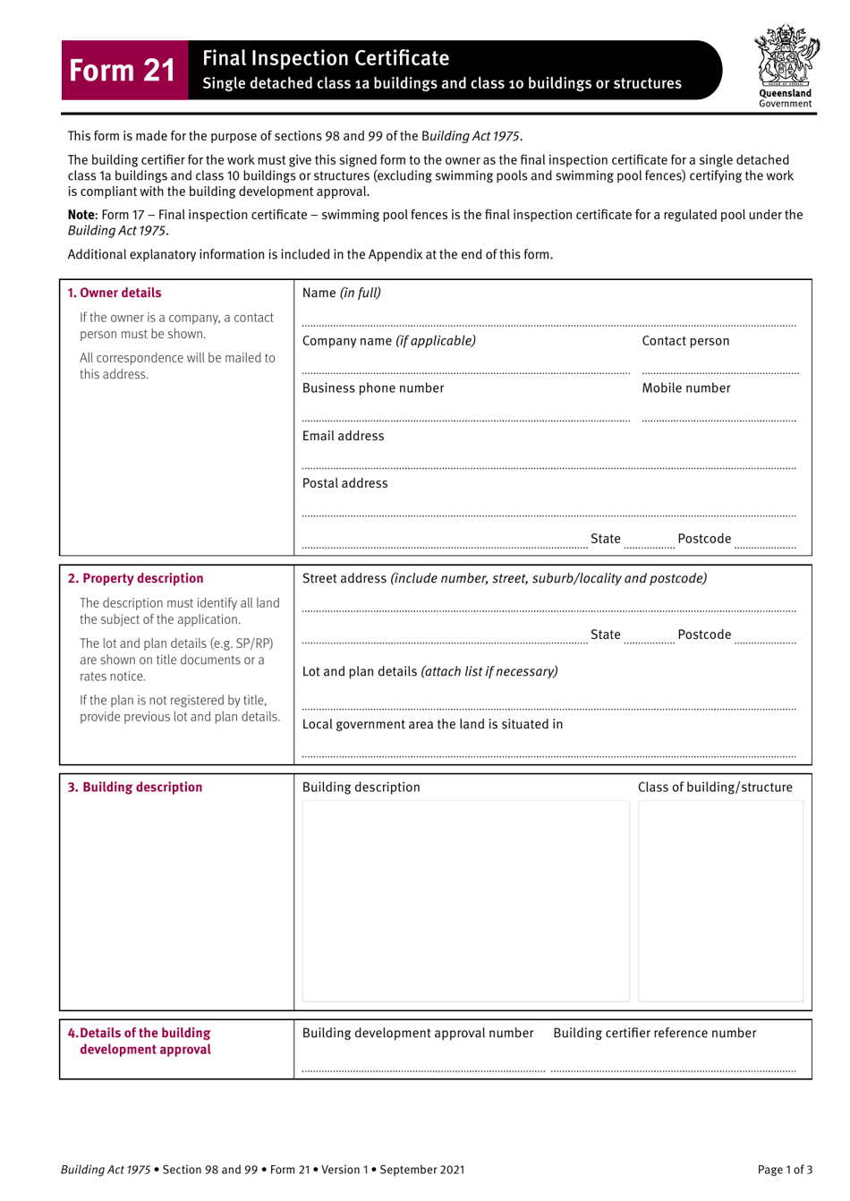 Form 21 Download Fillable PDF or Fill Online Final Inspection ...