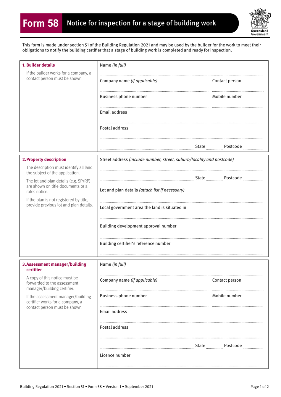 Form 58 Download Fillable PDF or Fill Online Notice for Inspection for ...