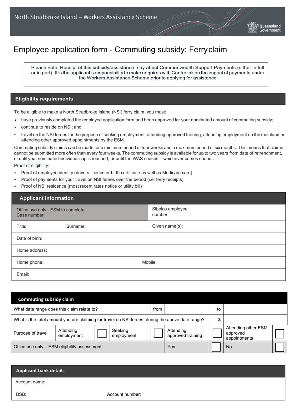Queensland Australia Employee Application Form - Commuting Subsidy ...