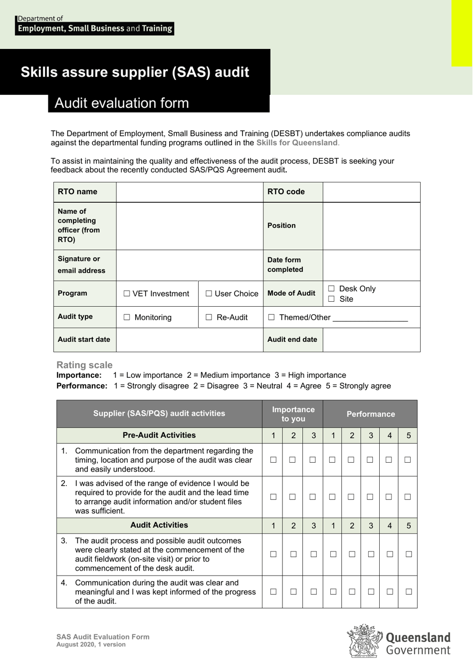 Queensland Australia Skills Assure Supplier (Sas) Audit Evaluation Form ...