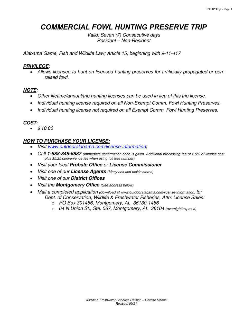 Alabama Commercial Fowl Hunting Preserve Trip License - Fill Out, Sign ...