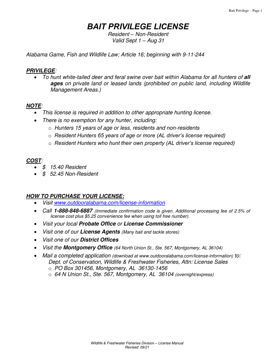 Alabama Bait Privilege License Download Fillable PDF | Templateroller