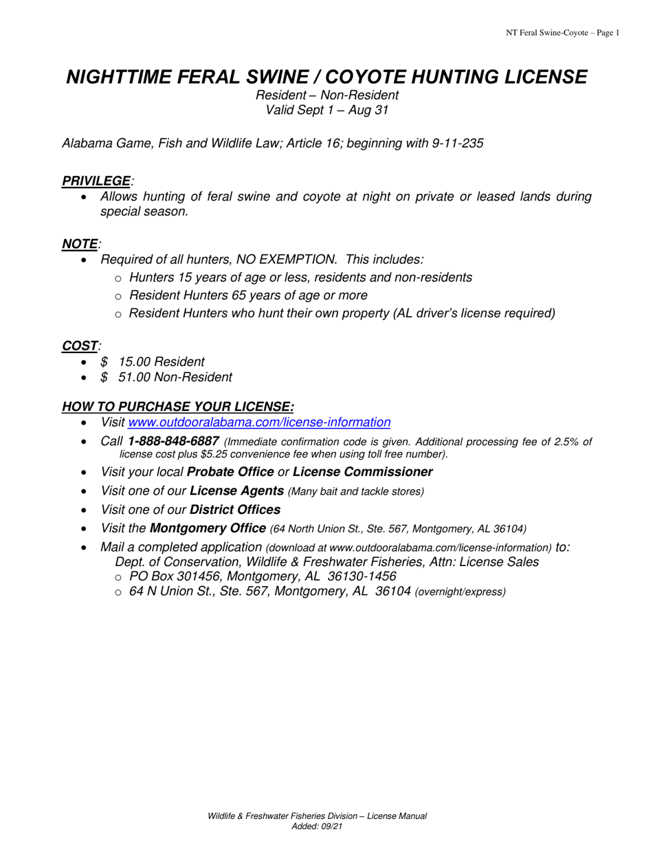 Alabama Nighttime Feral Swine/Coyote Hunting License - Fill Out, Sign ...