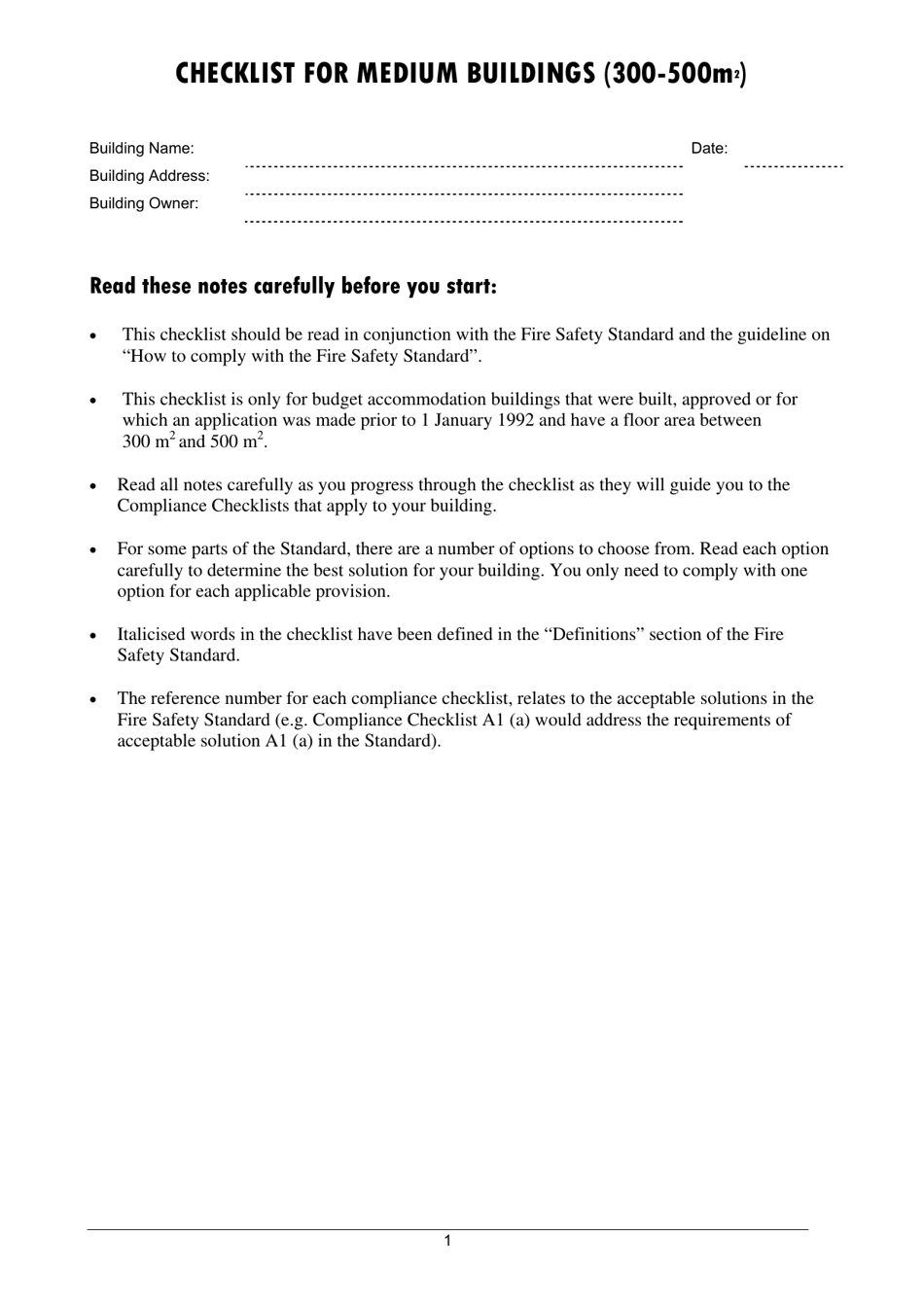 Queensland Australia Checklist for Medium Buildings (300-500m2) - Fill ...