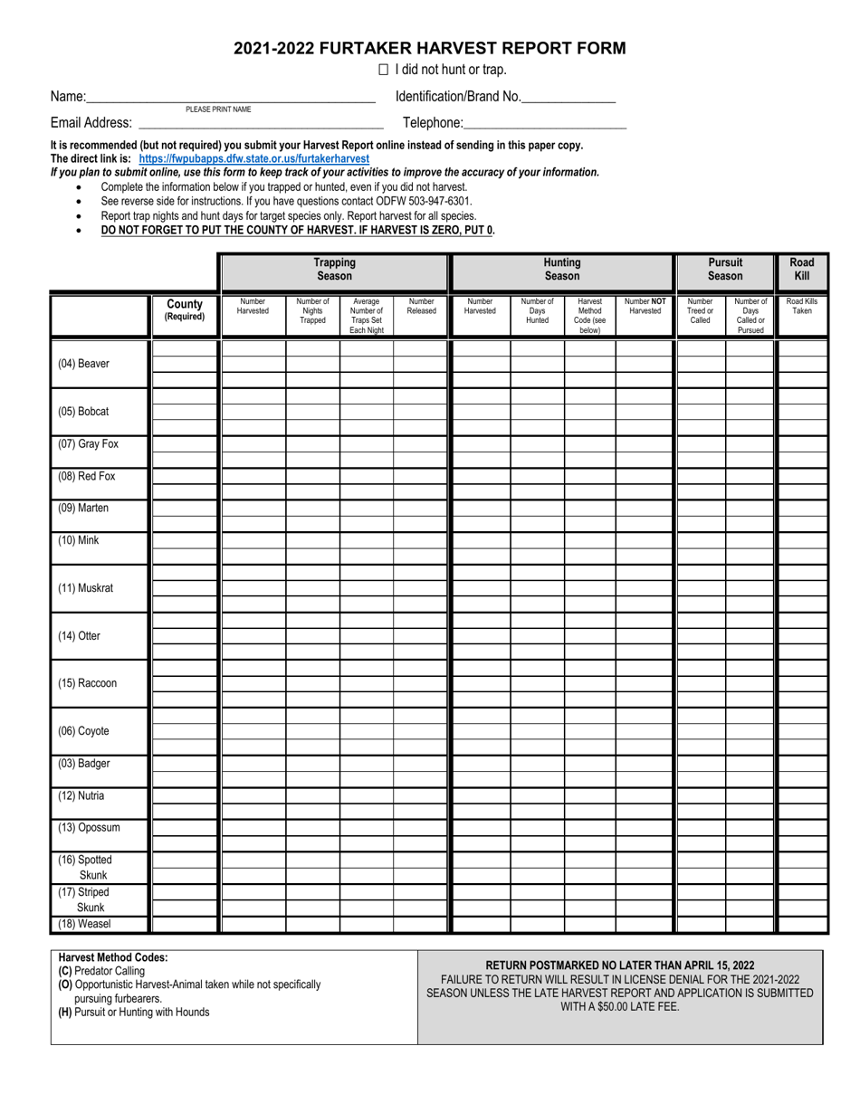 2022 Oregon Furtaker Harvest Report Form - Fill Out, Sign Online and ...
