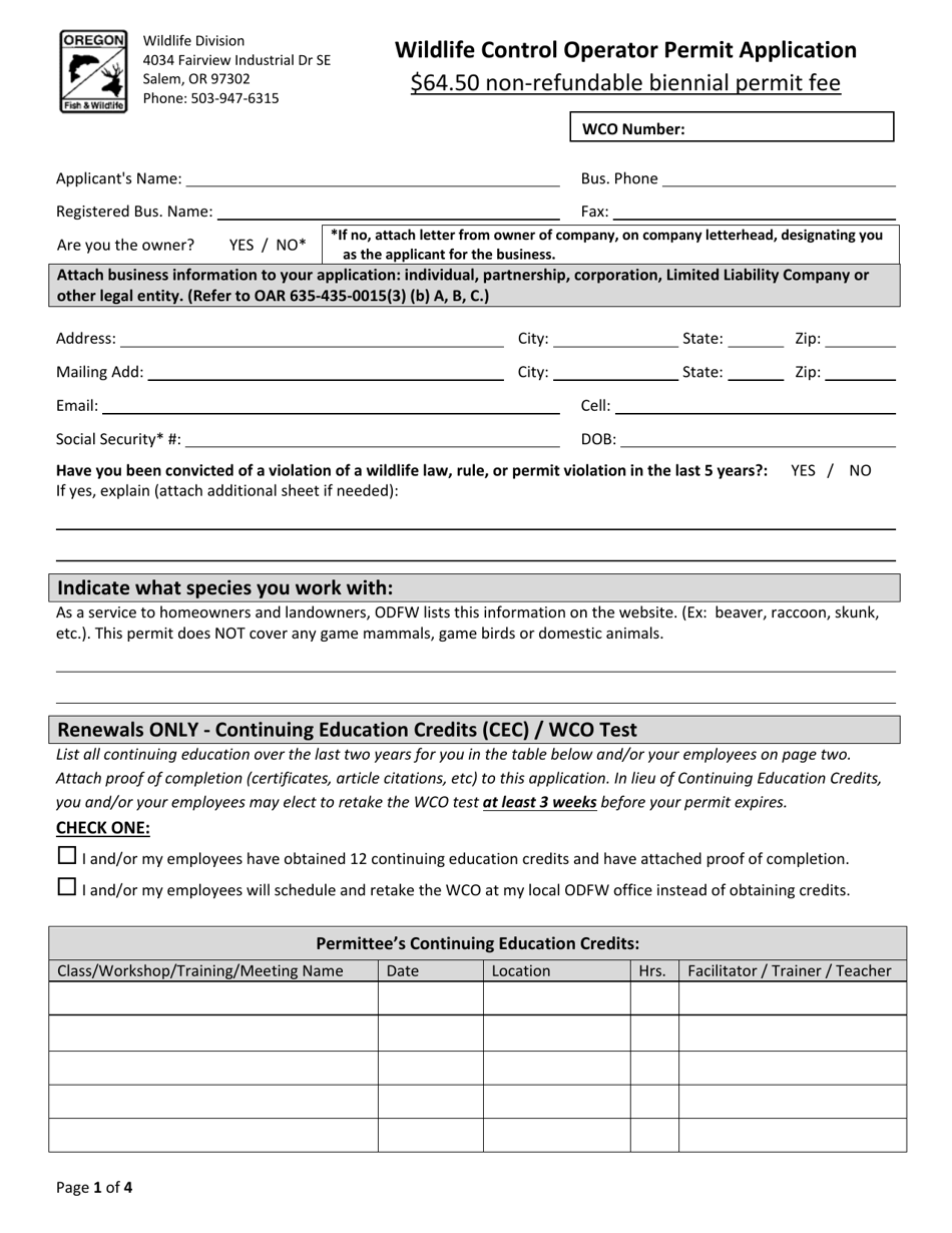 Oregon Wildlife Control Operator Permit Application - Fill Out, Sign ...