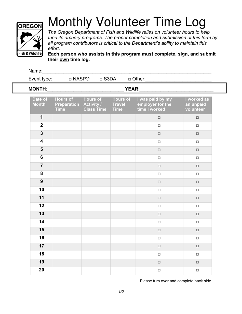 Oregon Monthly Volunteer Time Log - Fill Out, Sign Online and Download ...
