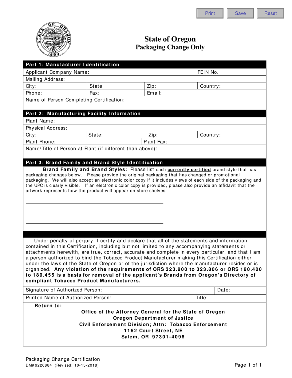 Form DM9220884 Download Fillable PDF or Fill Online Packaging Change ...