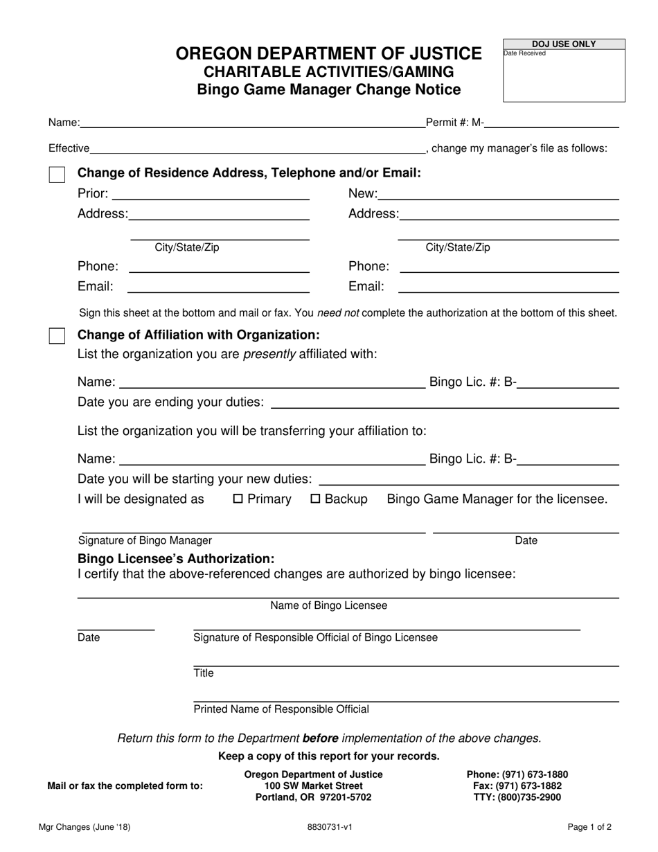 Oregon Bingo Game Manager Change Notice - Fill Out, Sign Online and ...