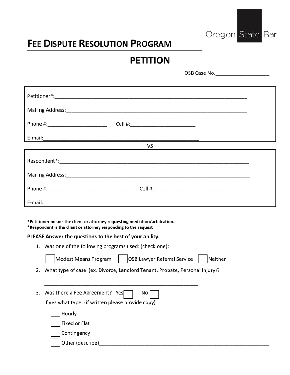 Oregon Fee Dispute Resolution Program Petition - Fill Out, Sign Online ...