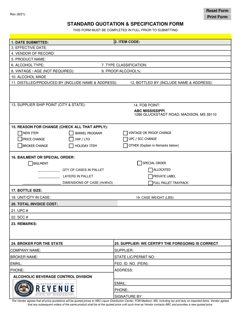 Mississippi Standard Quotation & Specification Form - Fill Out, Sign ...