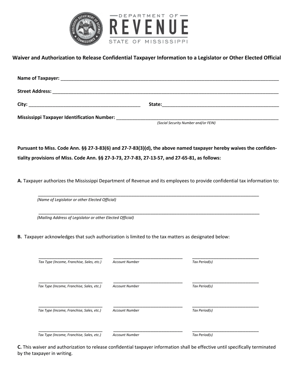 Mississippi Waiver and Authorization to Release Confidential Taxpayer ...