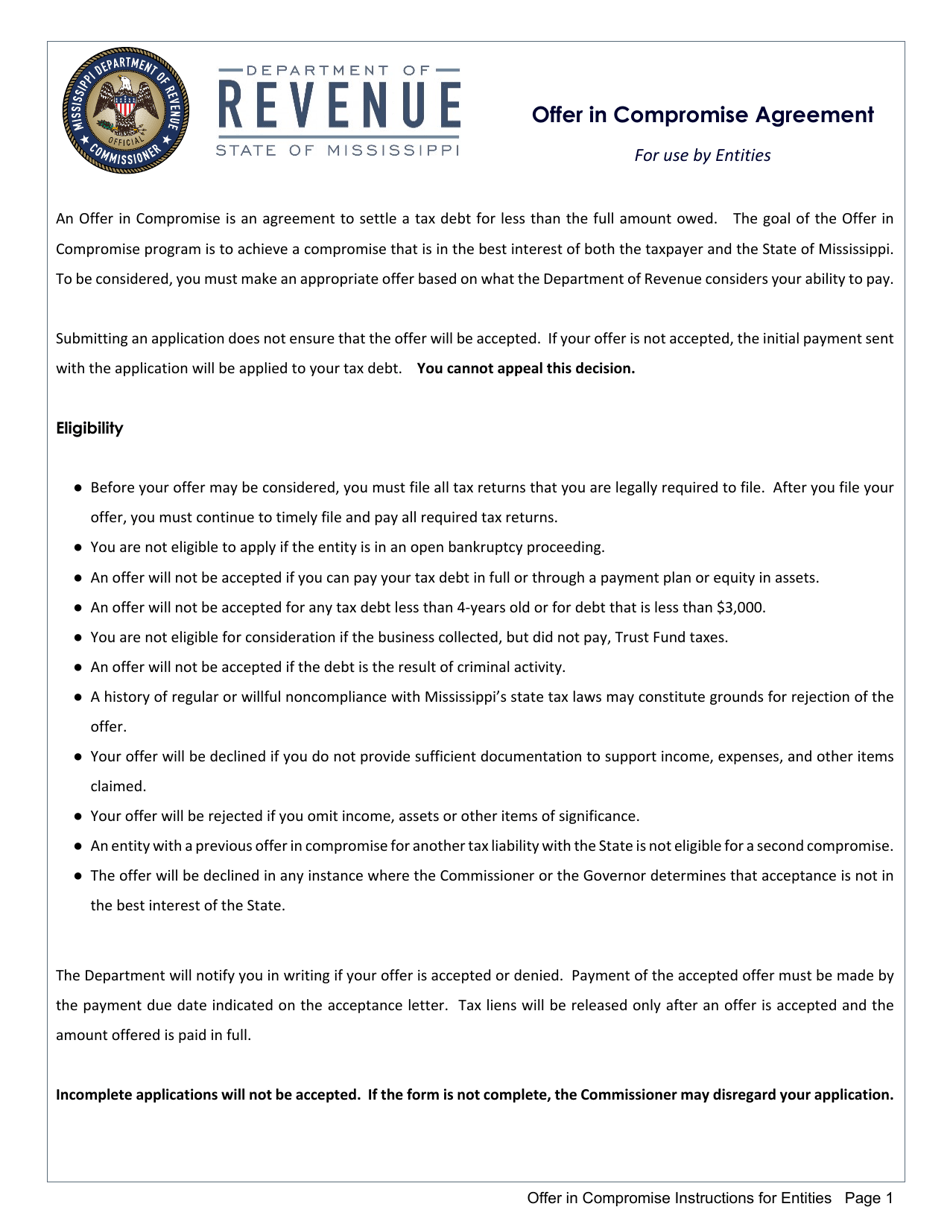 Download Instructions for Offer in Compromise Application for Entities ...
