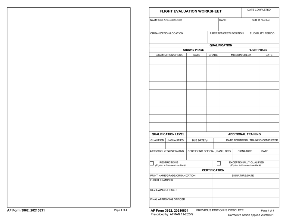 AF Form 3862 Download Fillable PDF or Fill Online Flight Evaluation ...