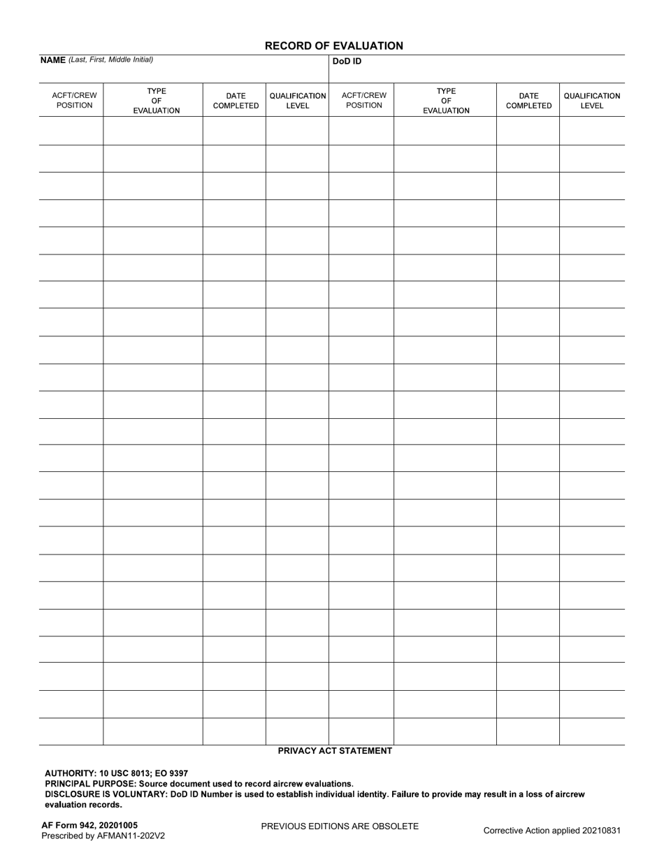 AF Form 942 Download Fillable PDF or Fill Online Record of Evaluation ...