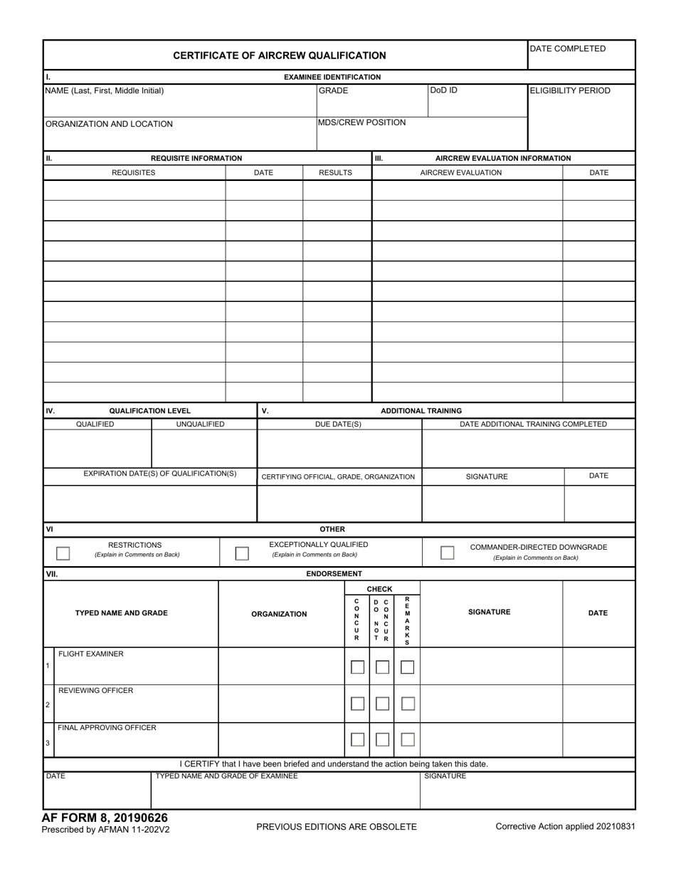 AF Form 8 Download Fillable PDF or Fill Online Certificate of Aircrew ...