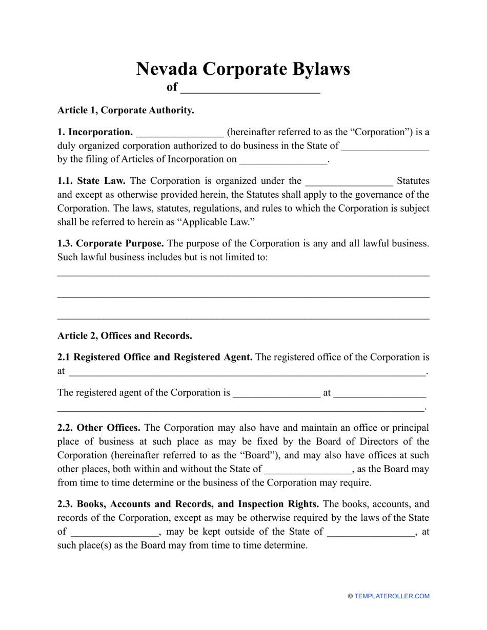 Nevada Corporate Bylaws Template - Fill Out, Sign Online and Download ...