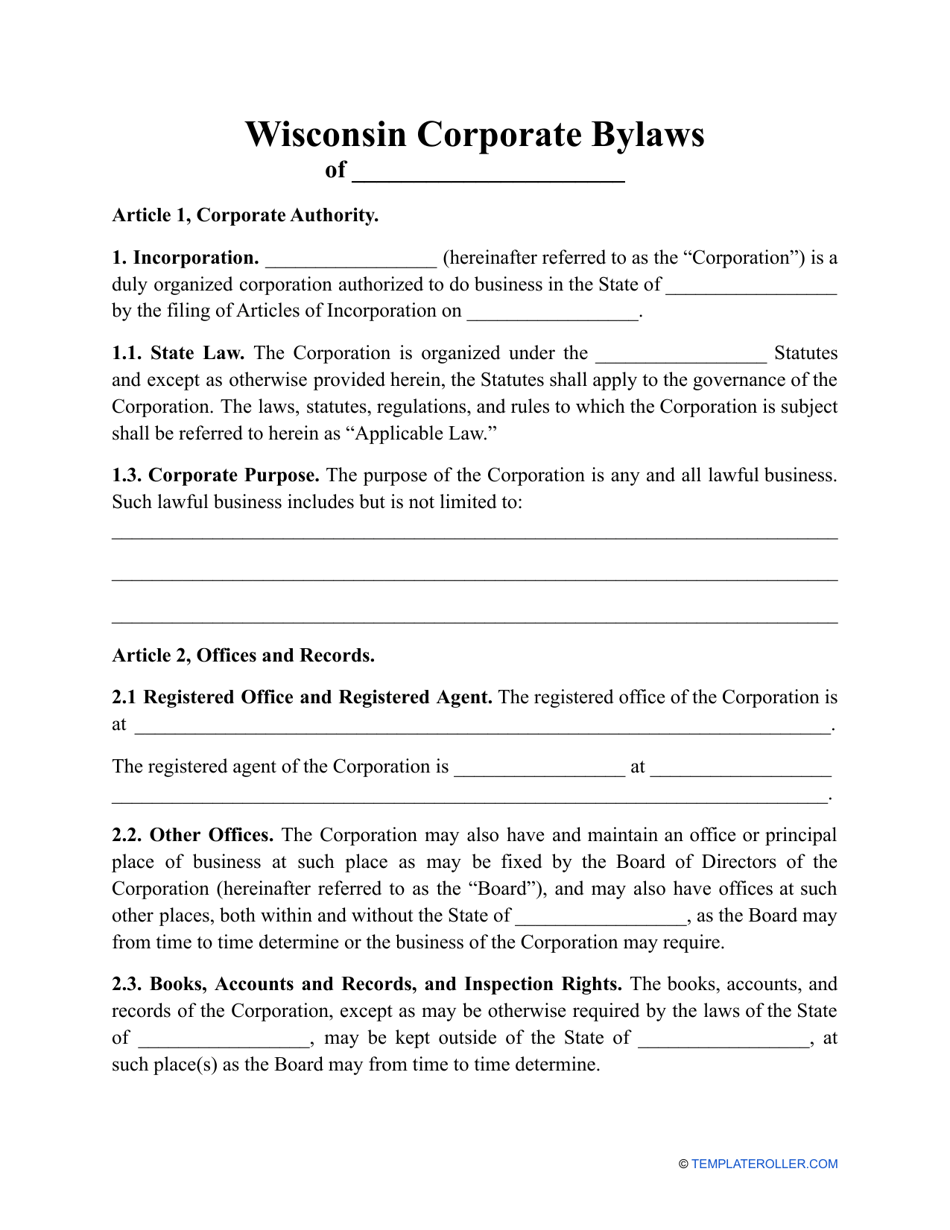 Wisconsin Corporate Bylaws Template - Fill Out, Sign Online and ...