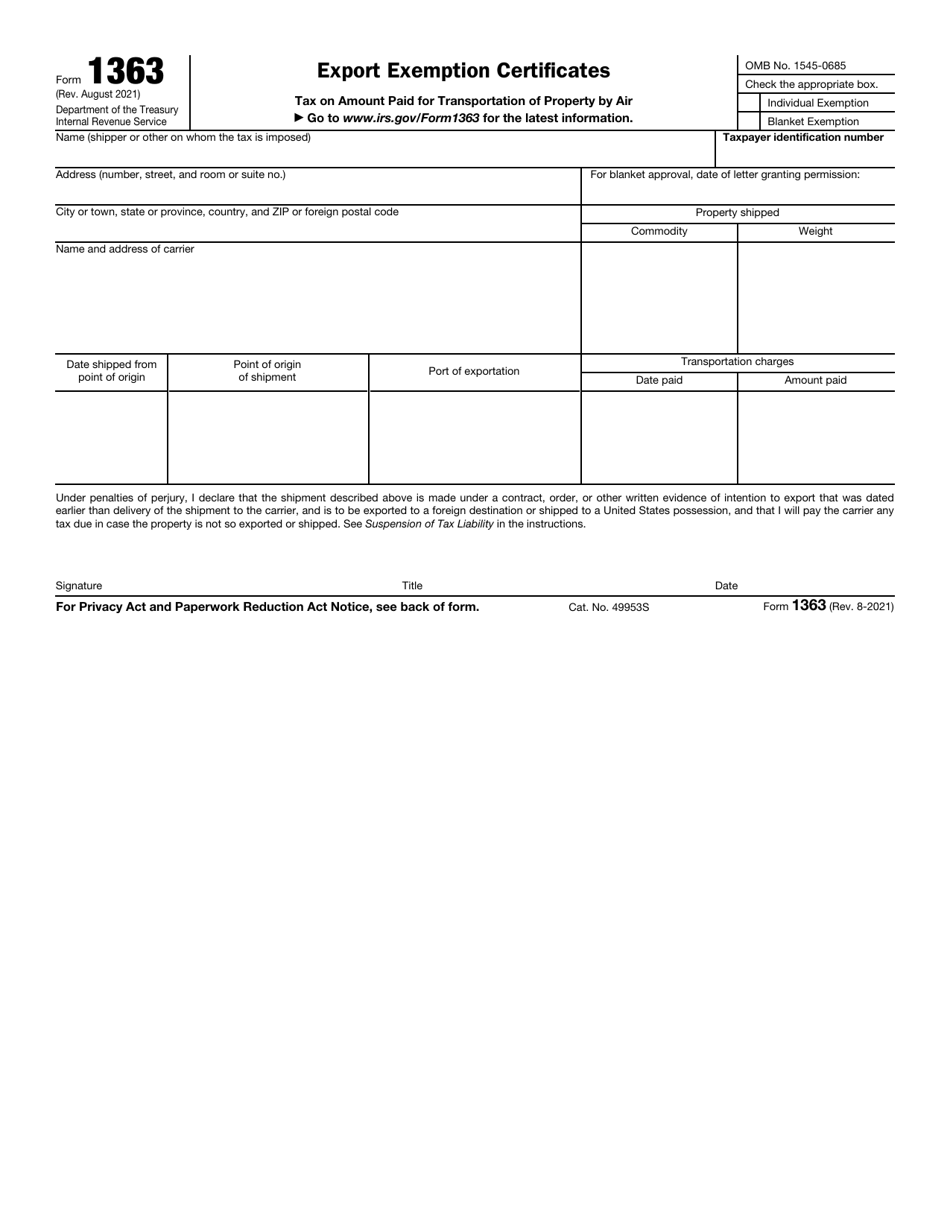 IRS Form 1363 Download Fillable PDF or Fill Online Export Exemption ...