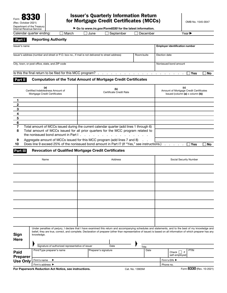IRS Form 8330 Download Fillable PDF or Fill Online Issuer's Quarterly ...