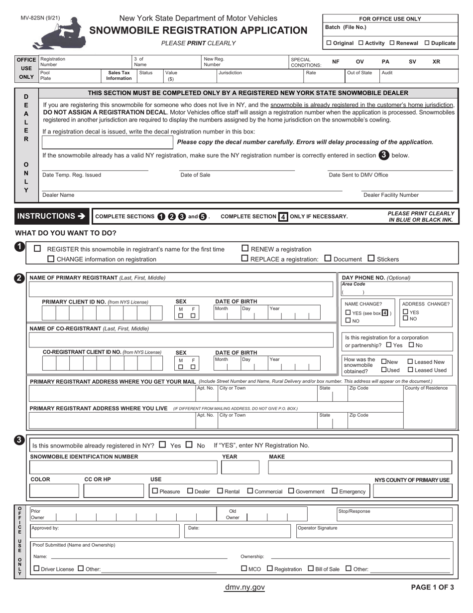 Form MV-82SN Download Fillable PDF or Fill Online Snowmobile ...