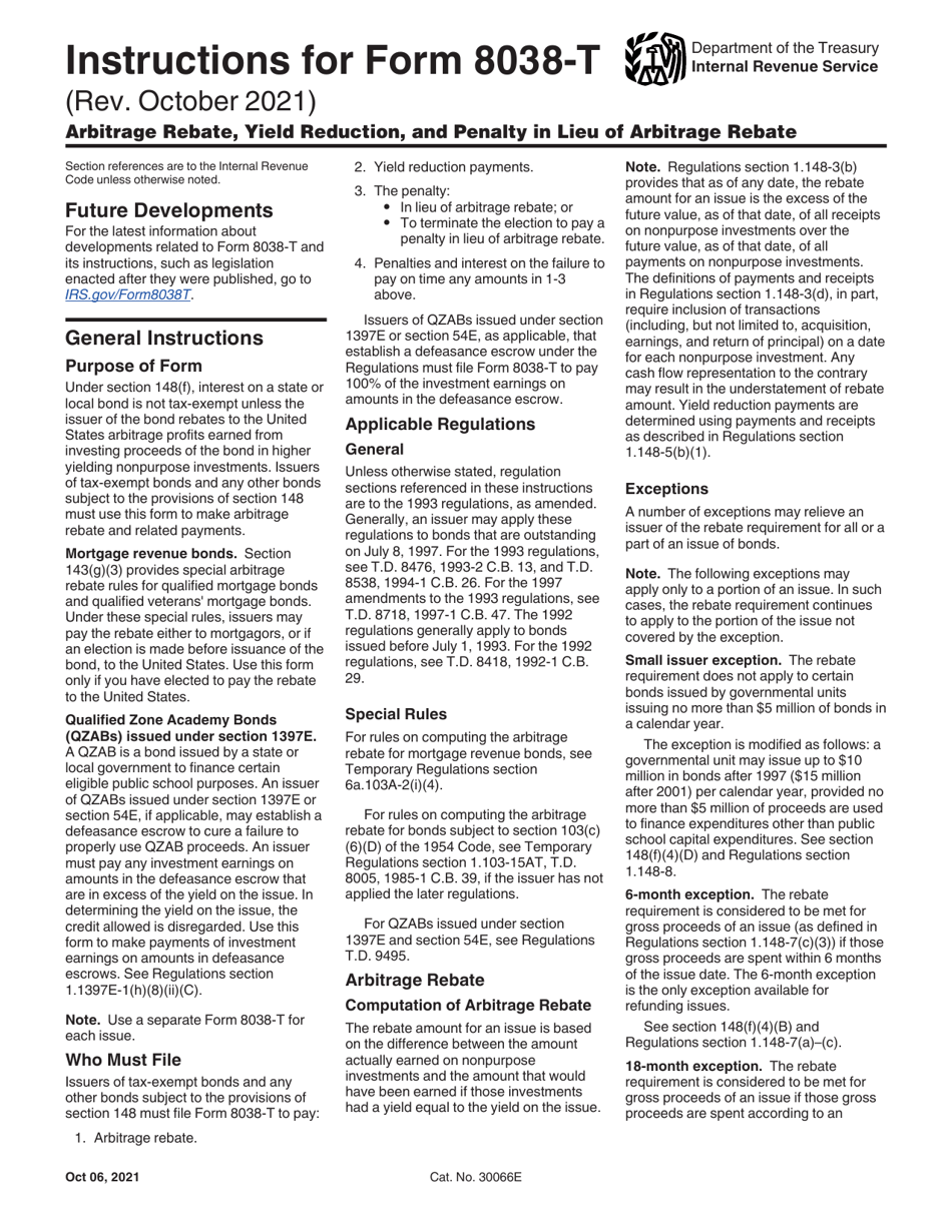 Download Instructions for IRS Form 8038-T Arbitrage Rebate, Yield ...