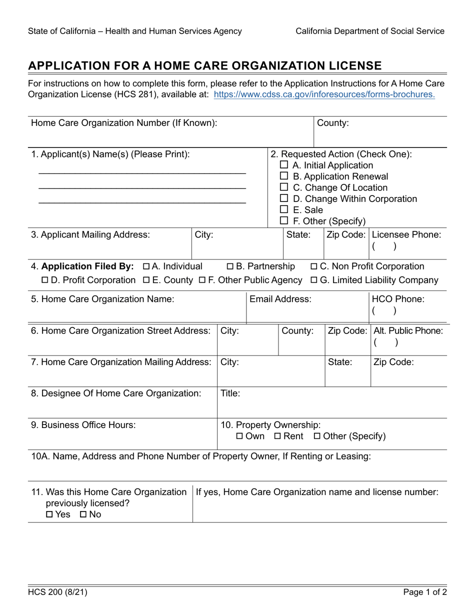 Form HCS200 Download Fillable PDF or Fill Online Application for a Home ...