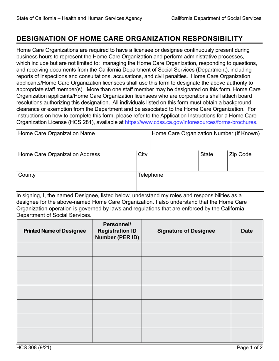 Form HCS308 Download Fillable PDF or Fill Online Designation of Home ...