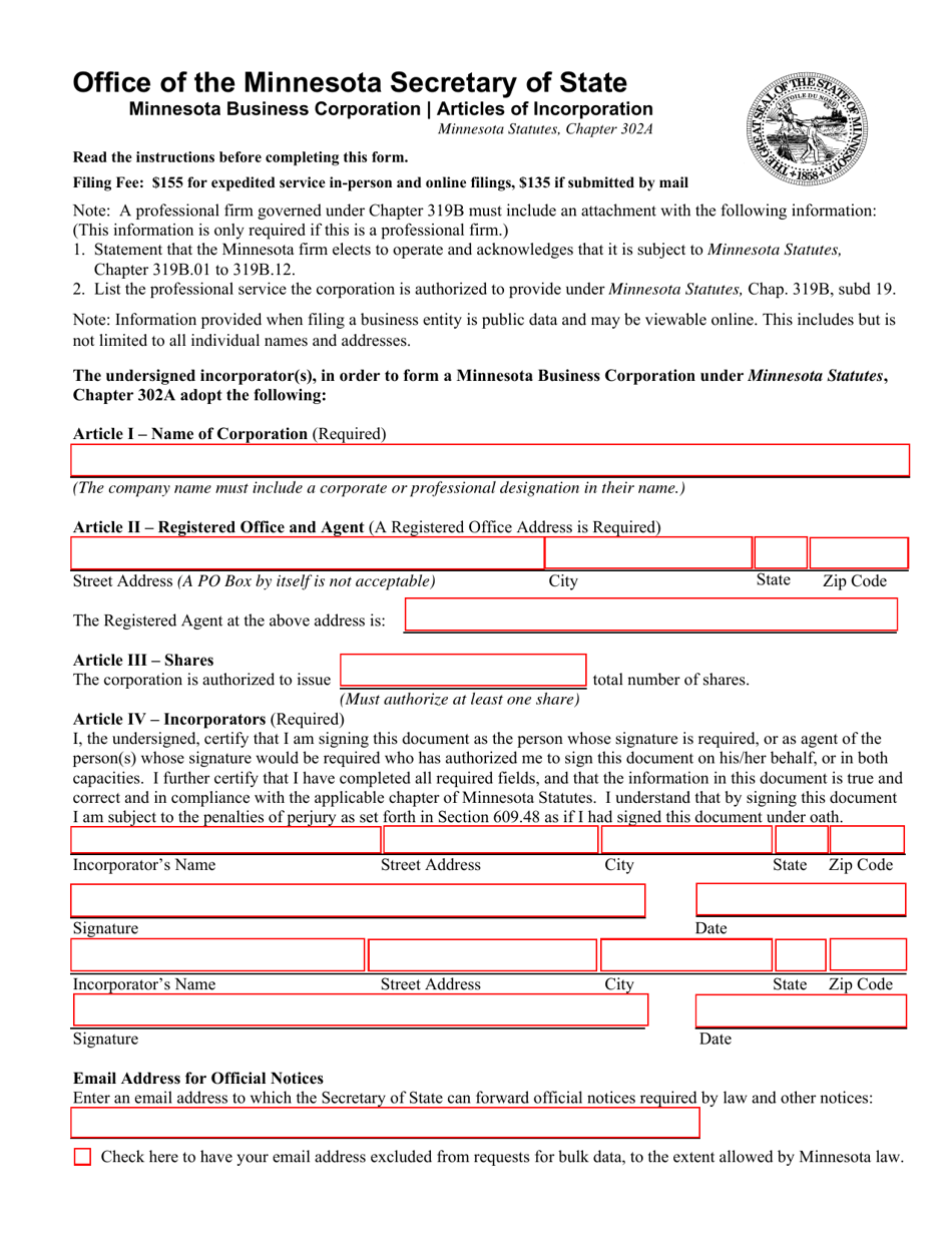 Minnesota Minnesota Business Corporation Articles of Incorporation ...