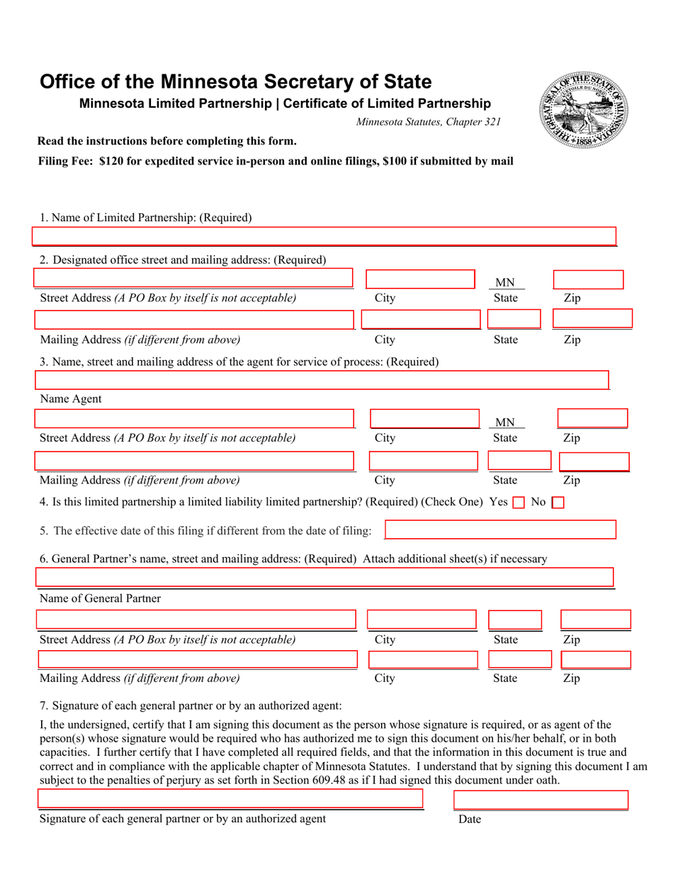Minnesota Certificate of Minnesota Limited Partnership - Fill Out, Sign ...
