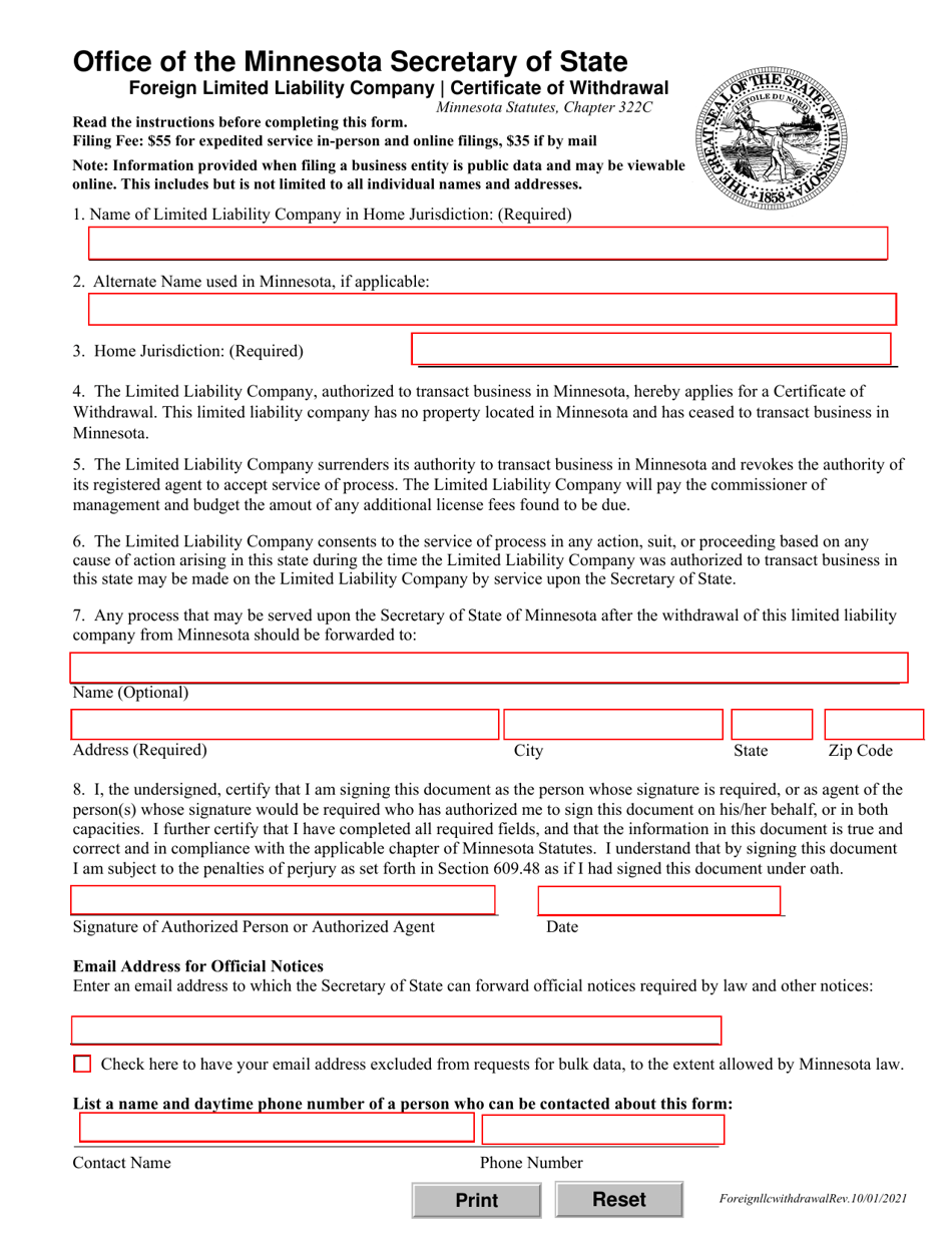 Minnesota Certificate of Withdrawal - Foreign Limited Liability Company ...