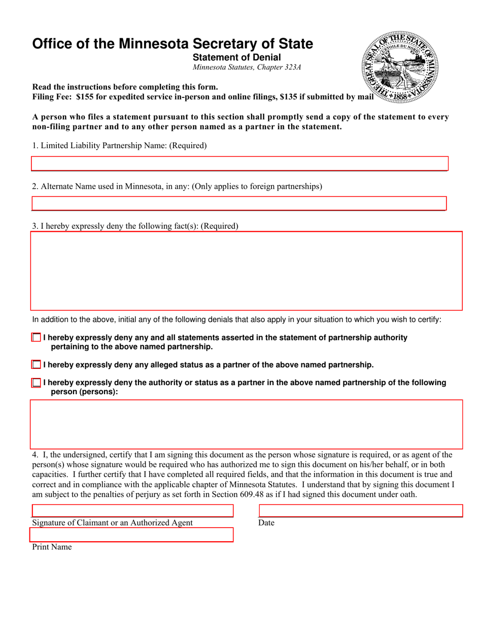 Minnesota Statement of Denial Download Fillable PDF | Templateroller