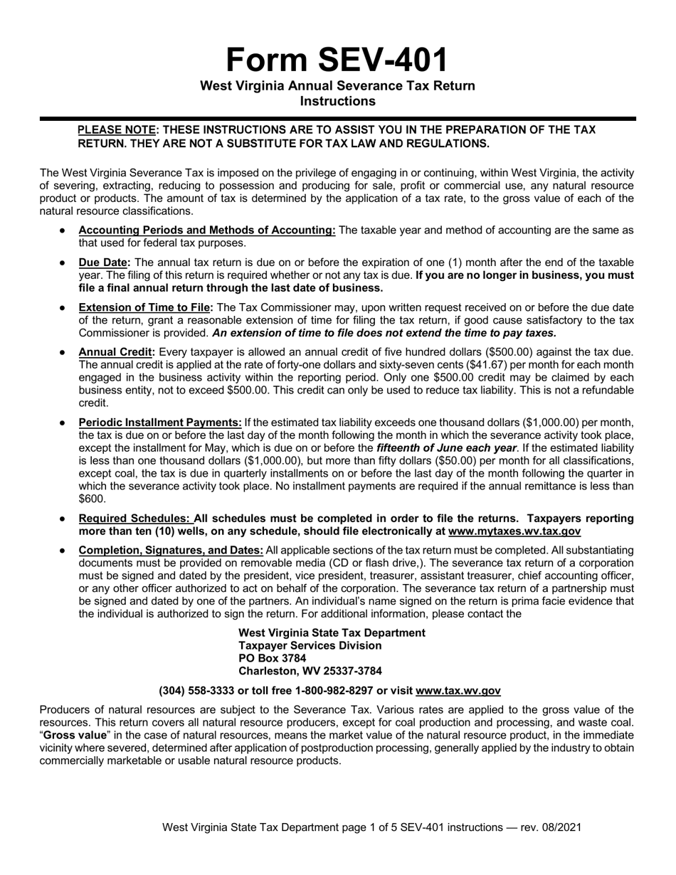 Download Instructions for Form SEV-401 West Virginia Severance Tax ...