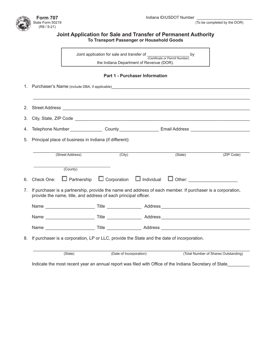 Form 707 (State Form 50219) Download Fillable PDF or Fill Online Joint ...