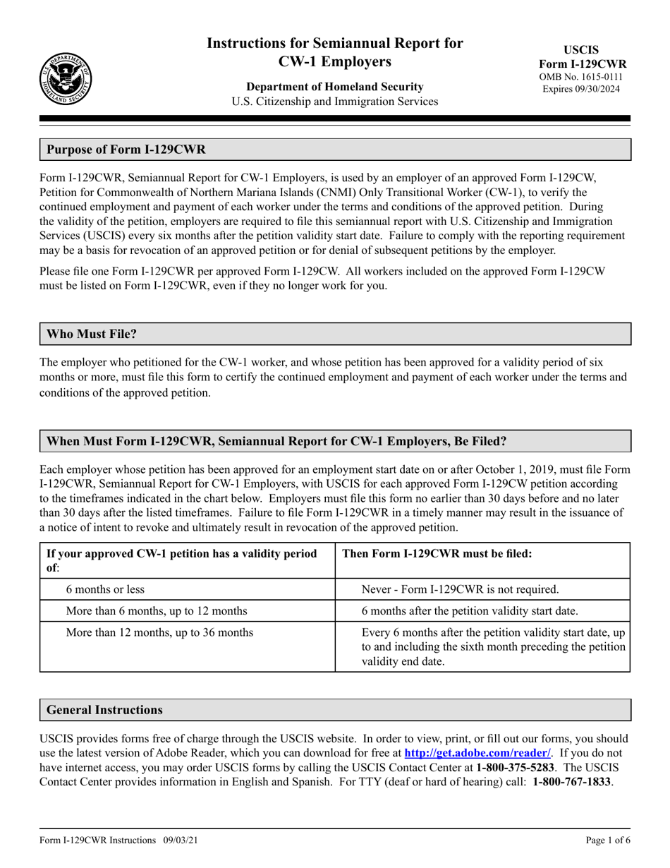 Download Instructions for USCIS Form I-129CWR Semiannual Report for CW ...