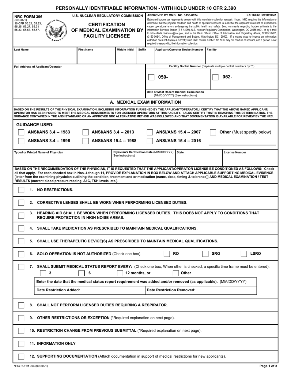 NRC Form 396 - Fill Out, Sign Online and Download Fillable PDF ...