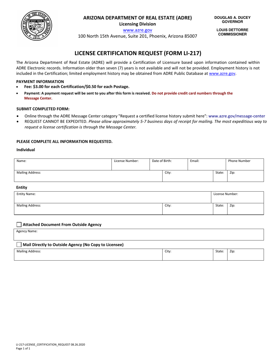 Form LI-217 Download Fillable PDF or Fill Online License Certification ...