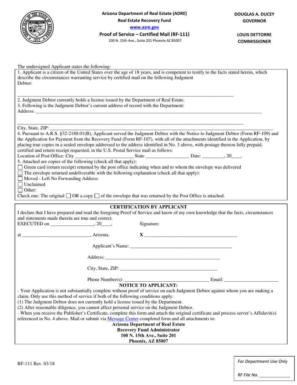Form RF-111 - Fill Out, Sign Online and Download Fillable PDF, Arizona ...