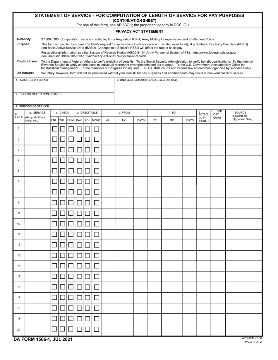 DA Form 1506-1 - Fill Out, Sign Online and Download Fillable PDF ...