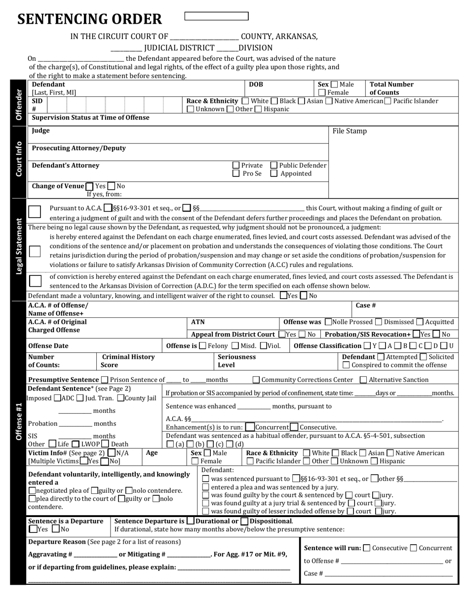 Arkansas Sentencing Order Download Fillable PDF | Templateroller