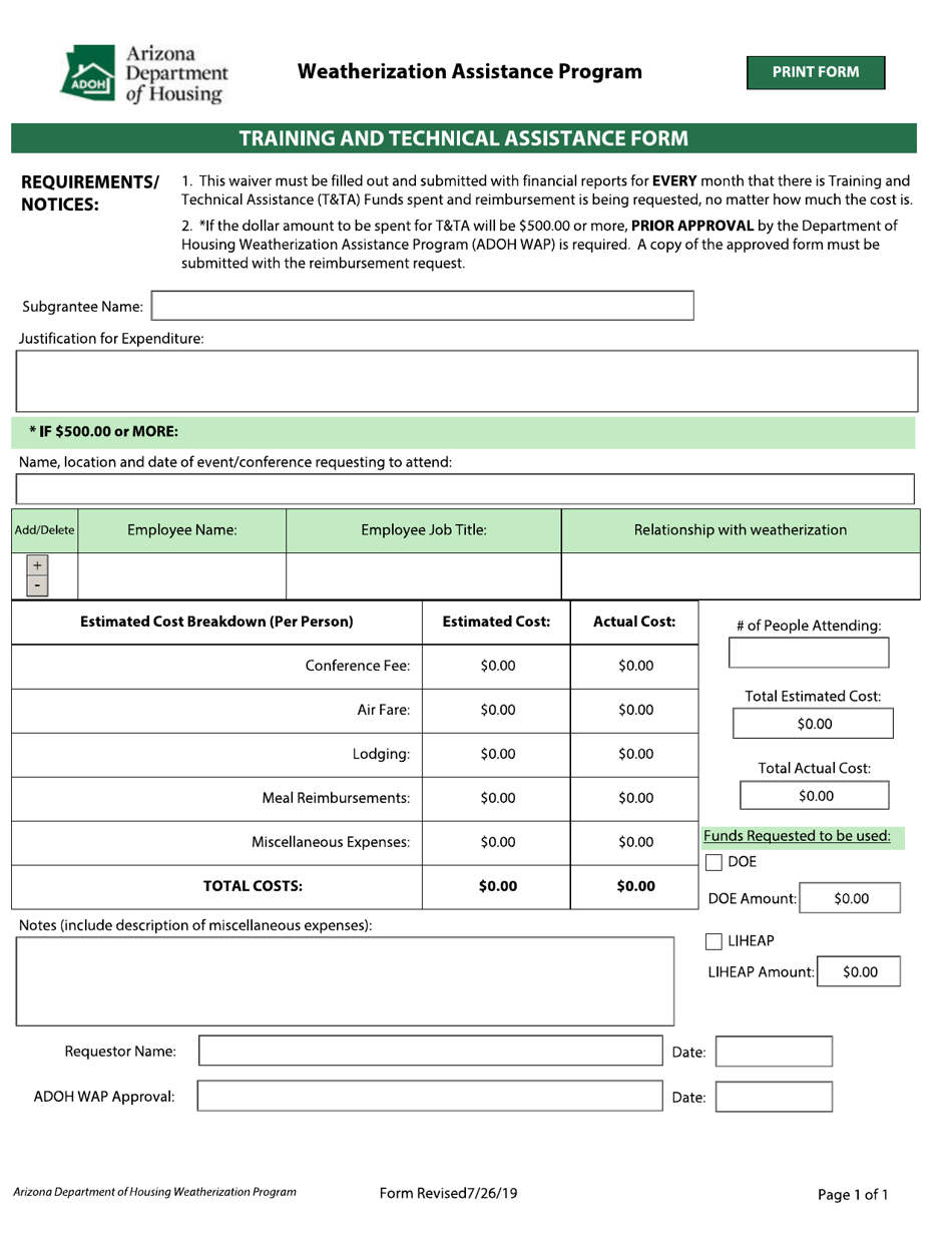 Arizona Training and Technical Assistance Form - Weatherization ...