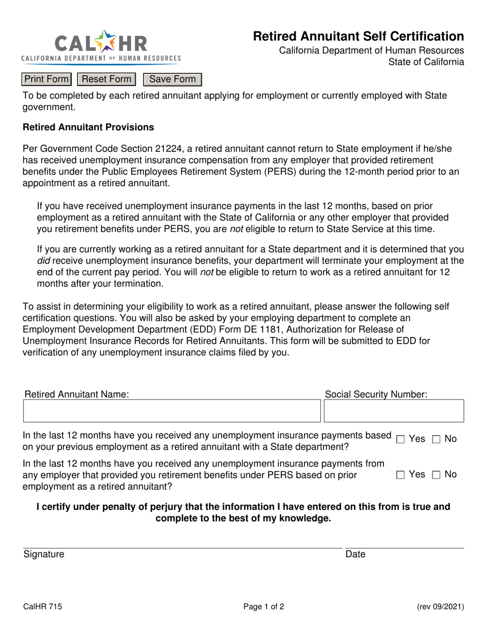 Form CALHR715 Download Fillable PDF or Fill Online Retired Annuitant ...