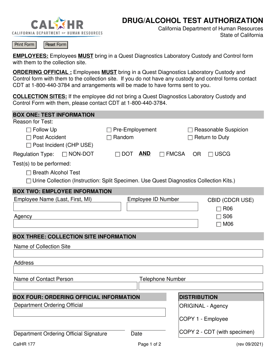 Form CALHR177 Download Fillable PDF or Fill Online Drug/Alcohol Test ...
