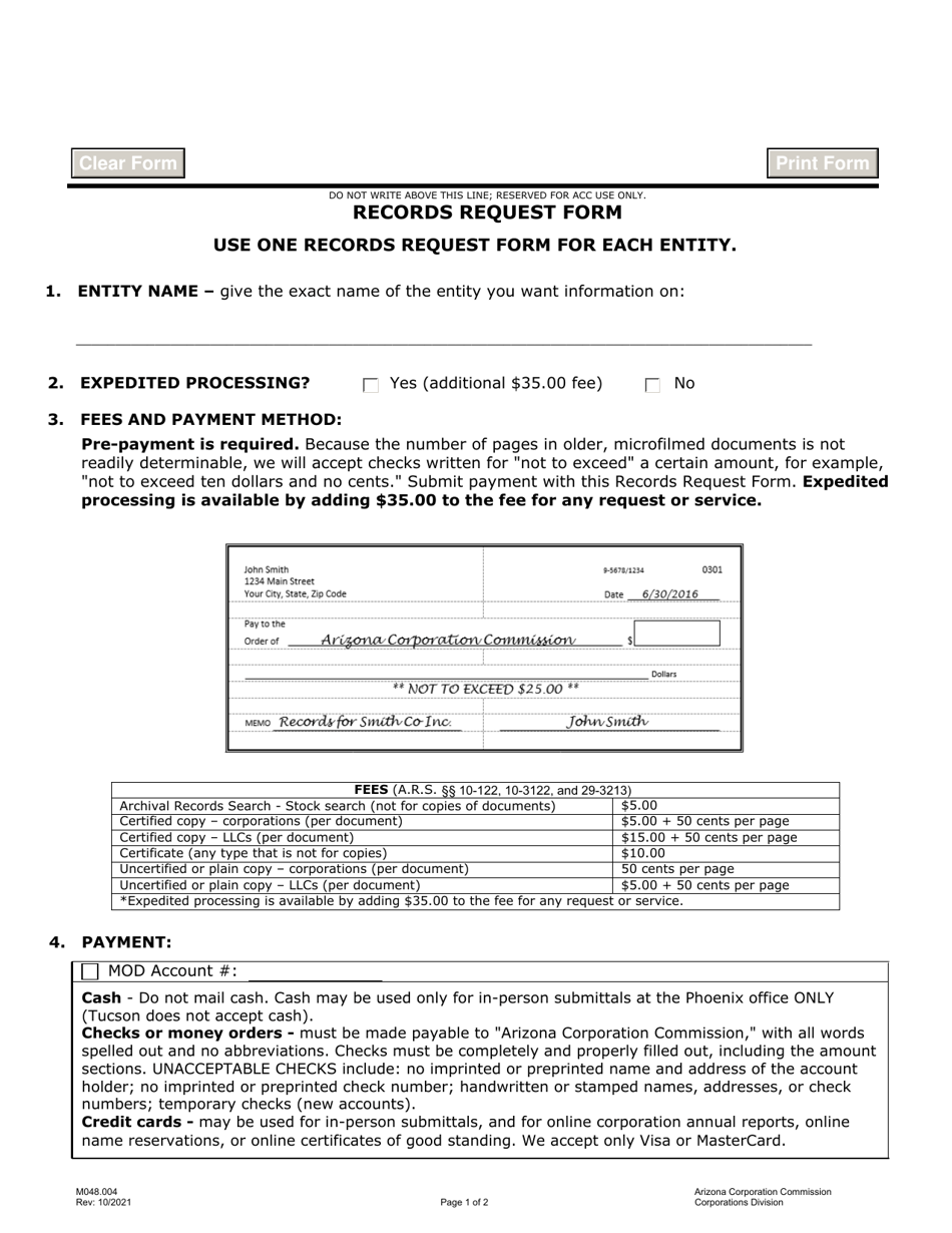 Form M048 Download Fillable PDF or Fill Online Records Request Form ...