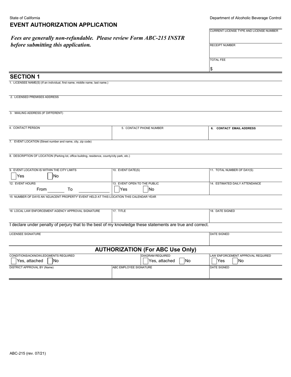 Form ABC-215 Download Fillable PDF or Fill Online Event Authorization ...
