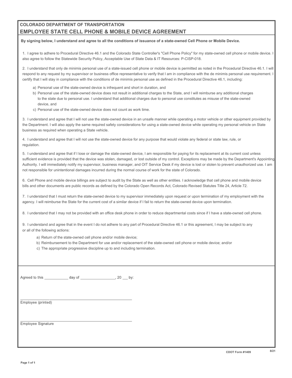 CDOT Form 1409 Download Fillable PDF or Fill Online Employee State Cell ...