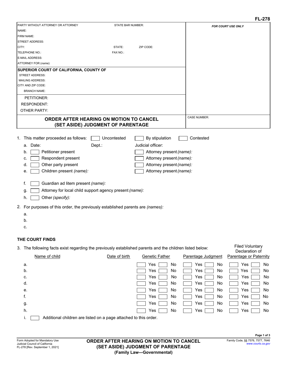 Form FL-278 Download Fillable PDF or Fill Online Order After Hearing on Motion to Cancel (Set ...